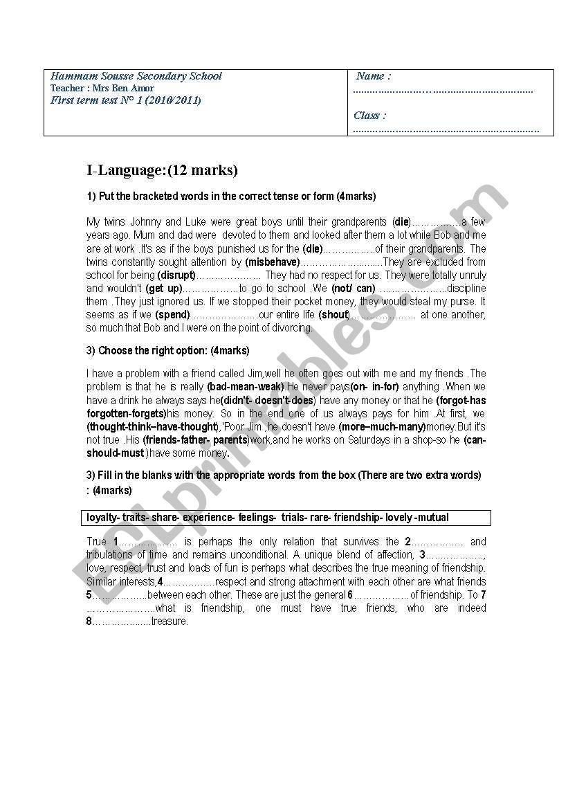 Second year secondary exam first term - ESL worksheet by ayouda Second year secondary exam first term - ESL worksheet by ayouda