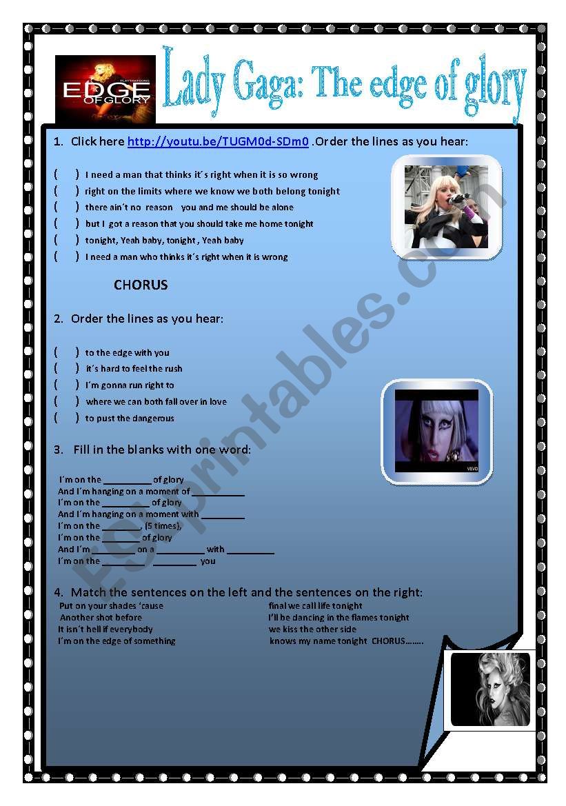 Lady Gaga´s " The edge of glory"· - ESL worksheet by april