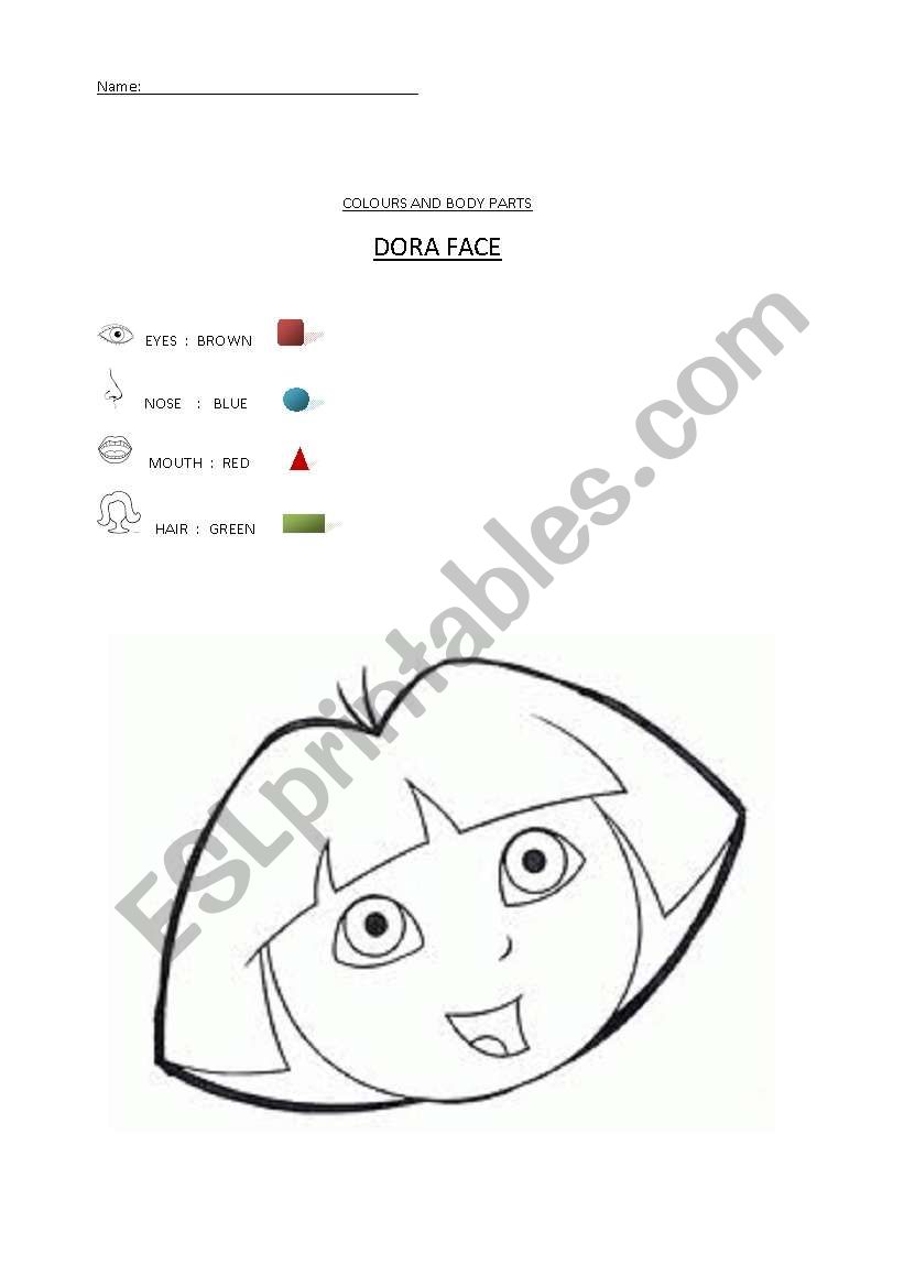 English worksheets: Dora´s Face. Colours and face parts.
