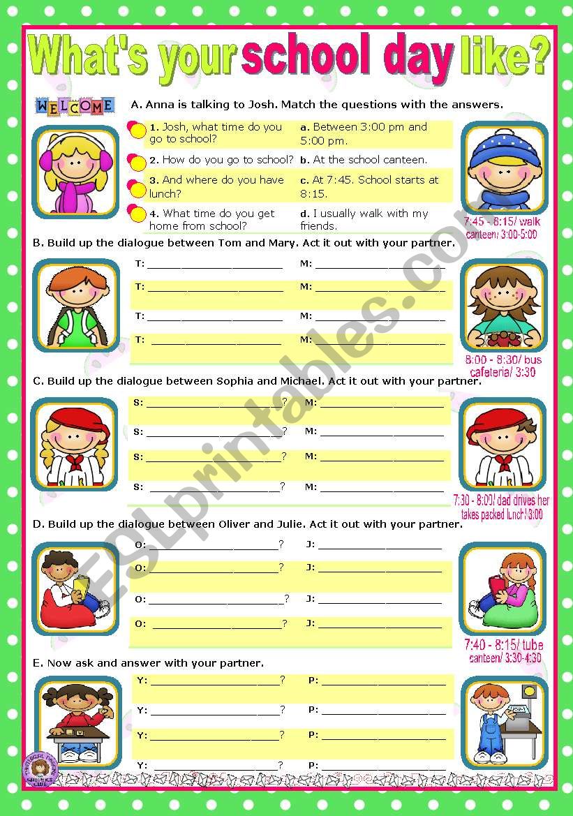 What´s your school day like? - easy, short dialogues - ESL worksheet by ...