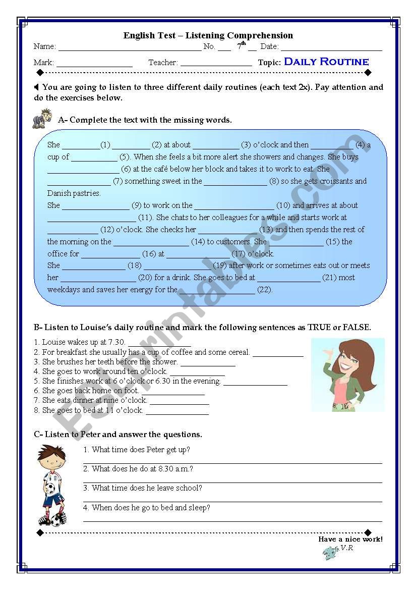 Daily Routines Listening 7th ESL Worksheet By Vdolphin