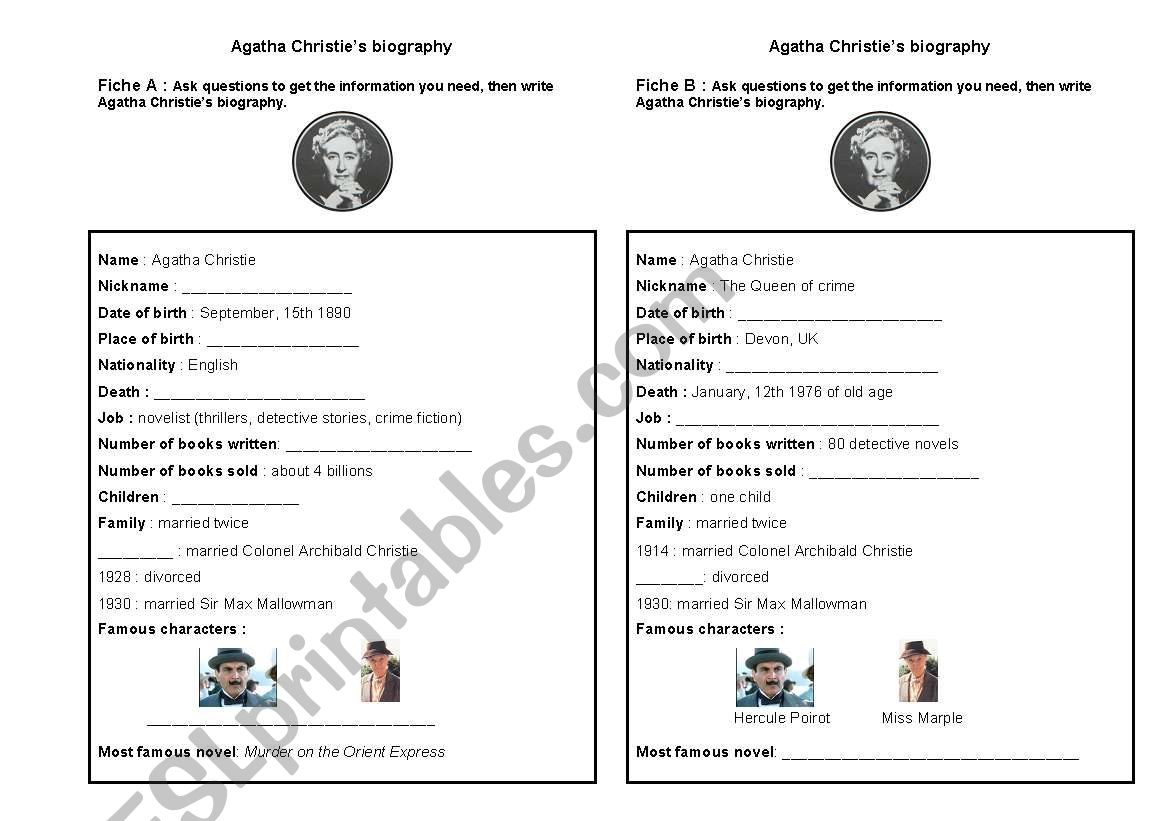 Agatha ChristieÂ´s biography - ESL worksheet by mango1234