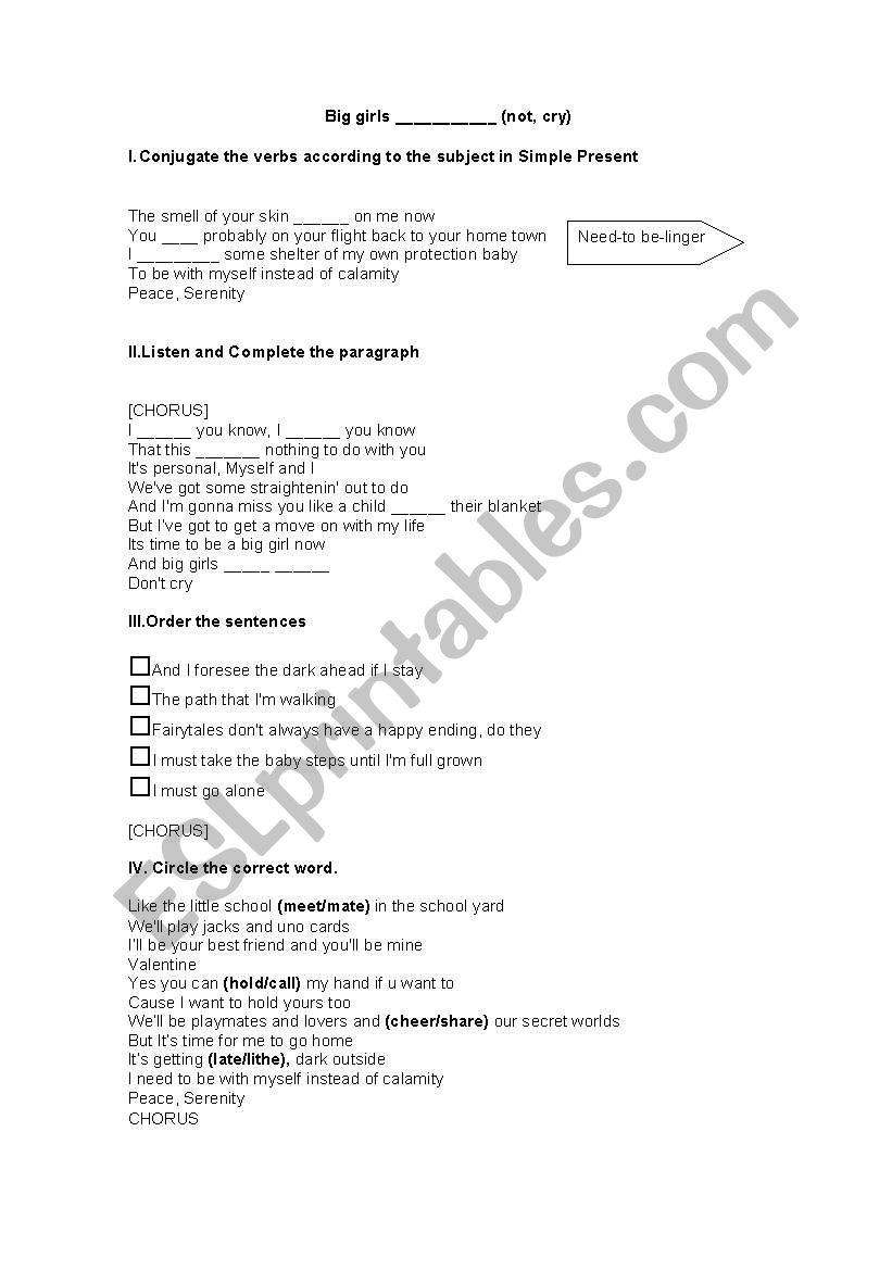 English worksheets: Big Girls don´t cry-Simple Present Tense Activity
