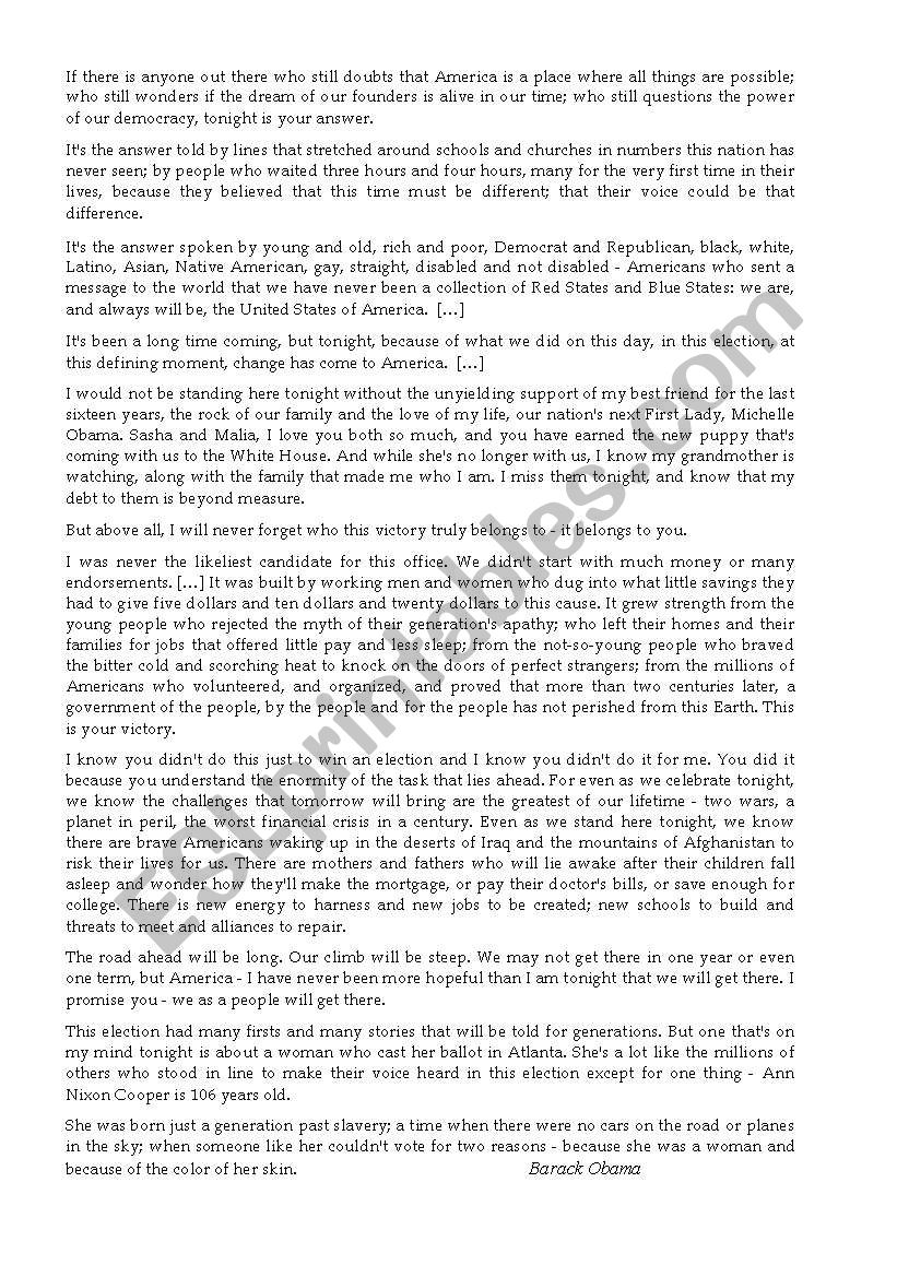 Barack Obama´s inaugural speech - ESL worksheet by cocalight