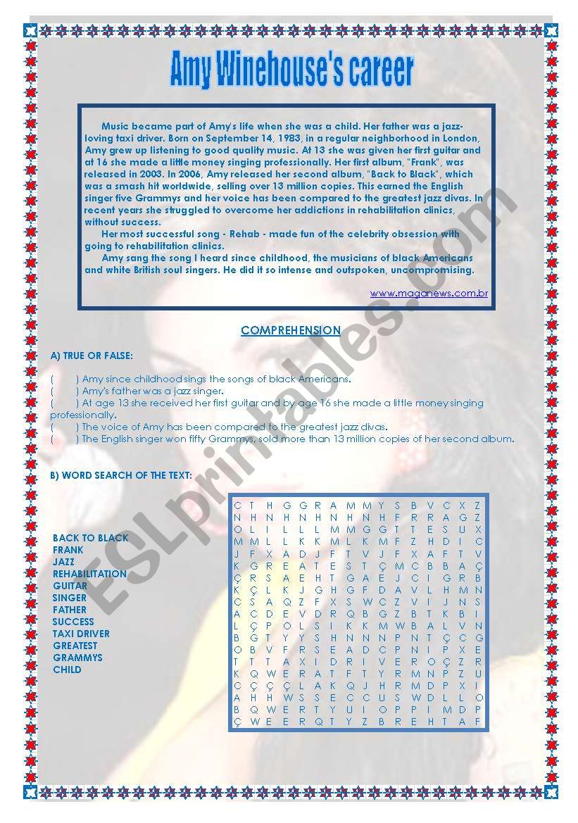 Amy Winehouse´s career and music - ESL worksheet by dayselopes