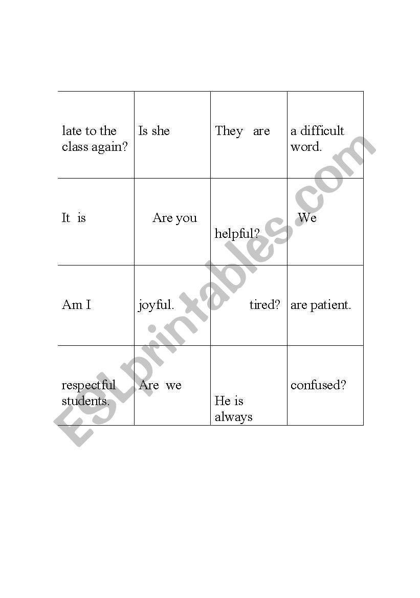 English worksheets: Bingo/Matching game for the verb ´to be´
