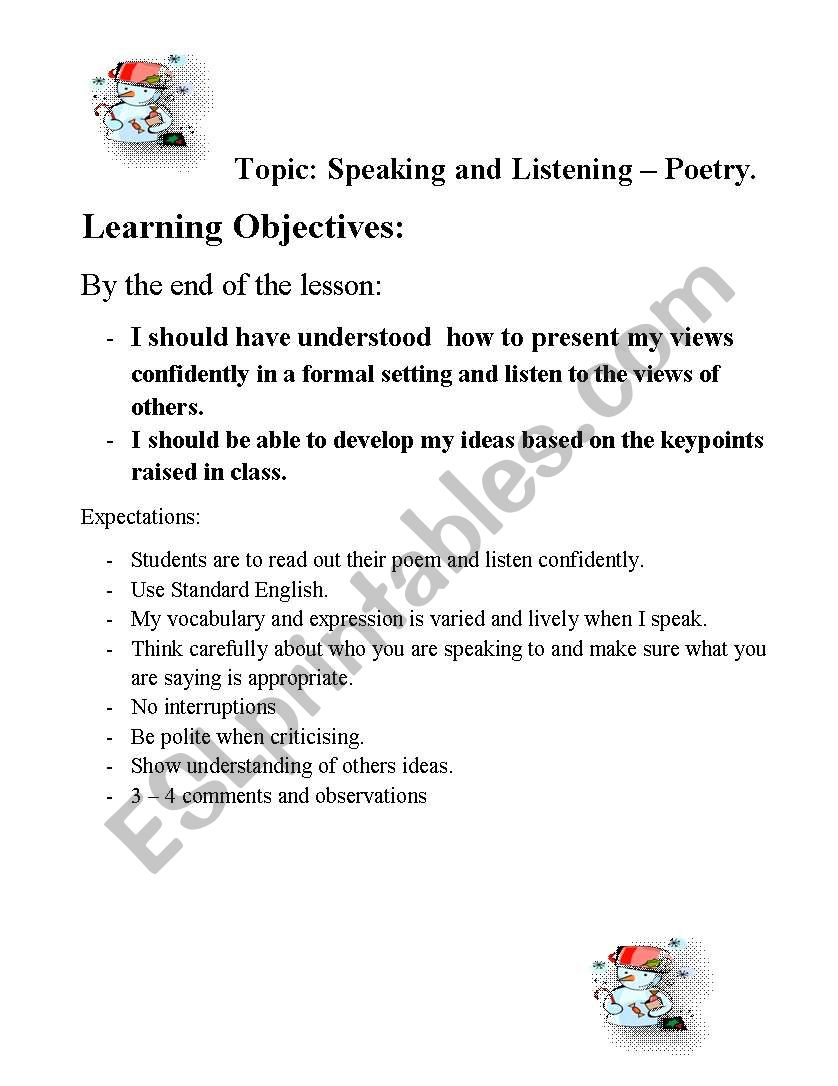 English worksheets: Speaking and Listening – Poetry.