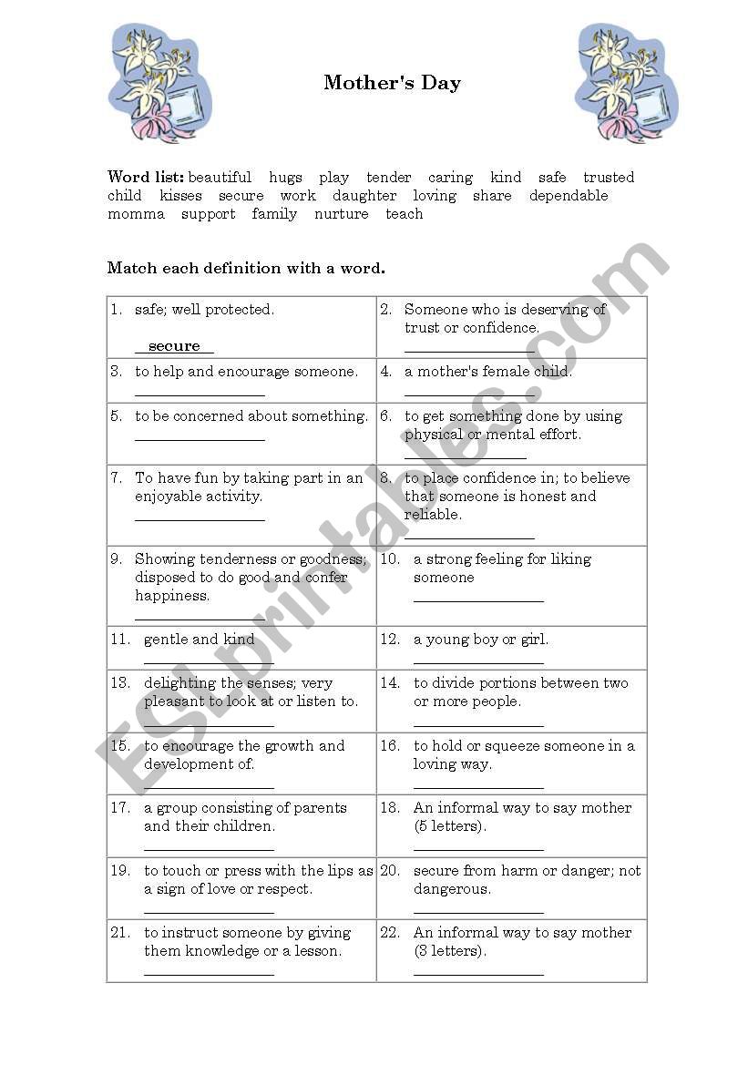 Mother´s Day-matching - ESL worksheet by nuno miguel