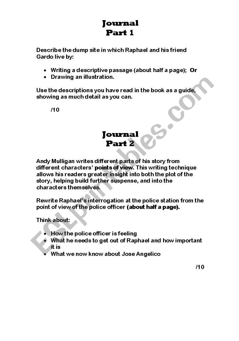 English worksheets: Andyb Mulligan´s Trash novel weekly Journal
