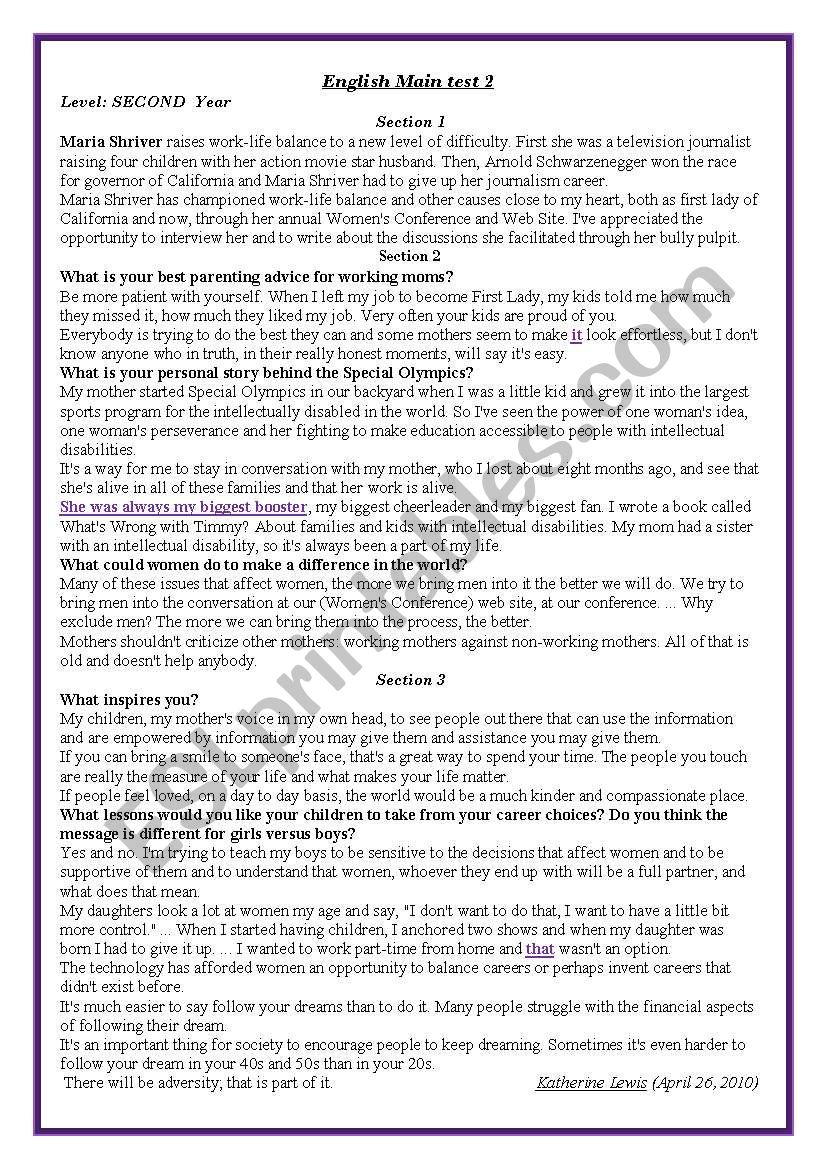 ENGLISH MAIN TEST N´2 (2nd year SECONDARY FORMERS) - ESL worksheet by ...