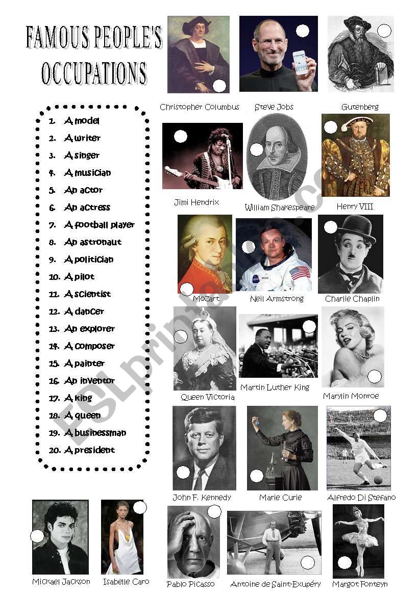 Famous people´s occupations / jobs - simple past ´be´ - ESL worksheet ...