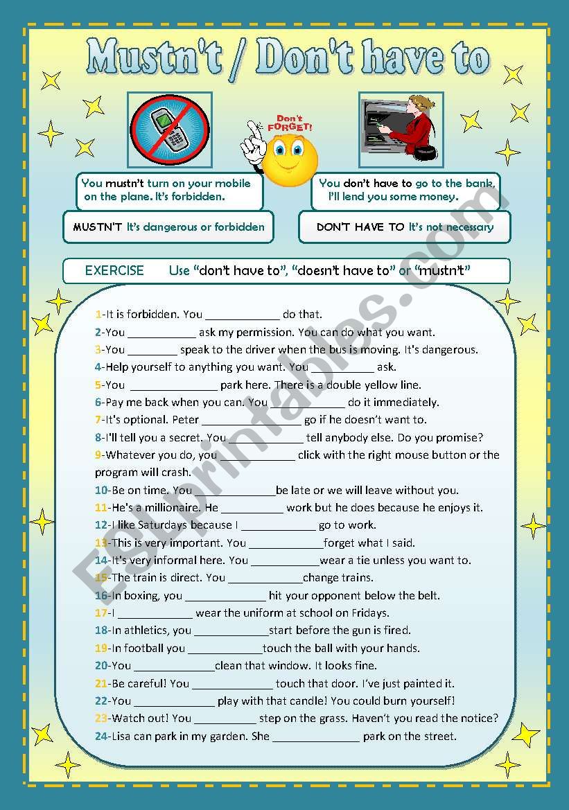 MustnÂ´t / DonÂ´t have to - ESL worksheet by traute