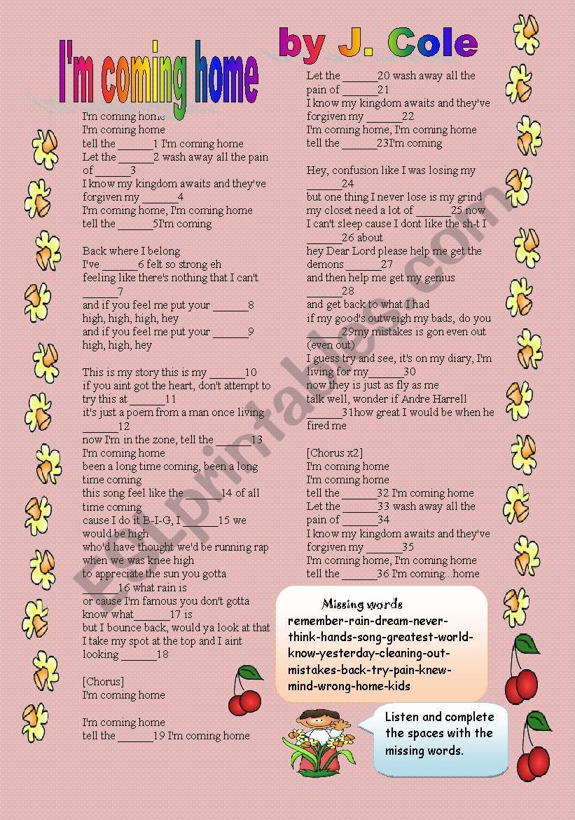 SONG "I´m coming home" by J cole - ESL worksheet by blancamendez