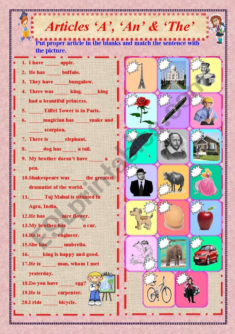 LetÂ´s Practise Articles - ESL worksheet by maheshkathiriya