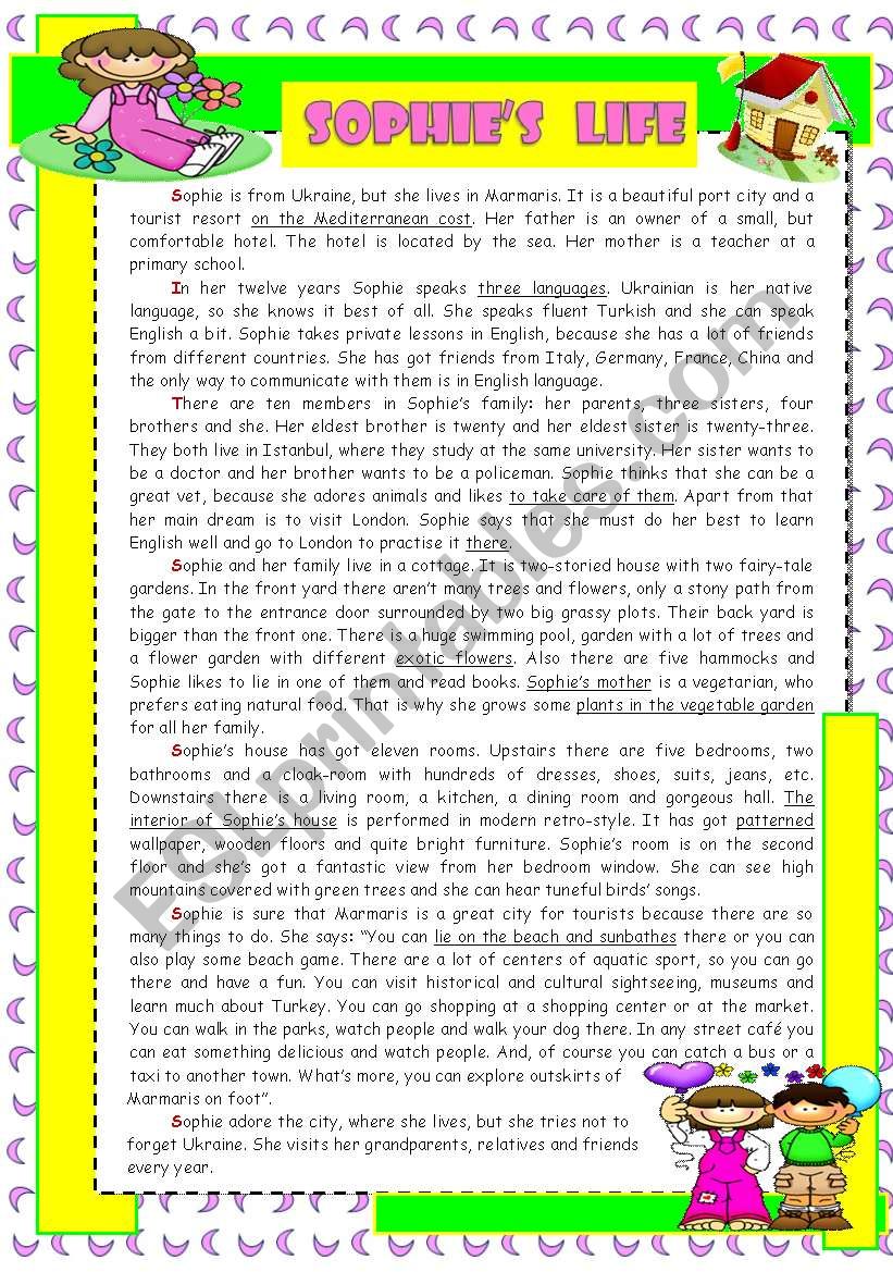 SOPHIE´S LIFE *** READING with EXERCISES - ESL worksheet by Anna Anna