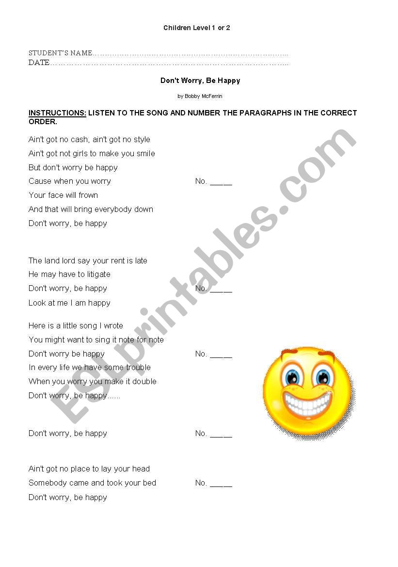 Song ´Don´t worry be happy´ - ESL worksheet by Maguiness