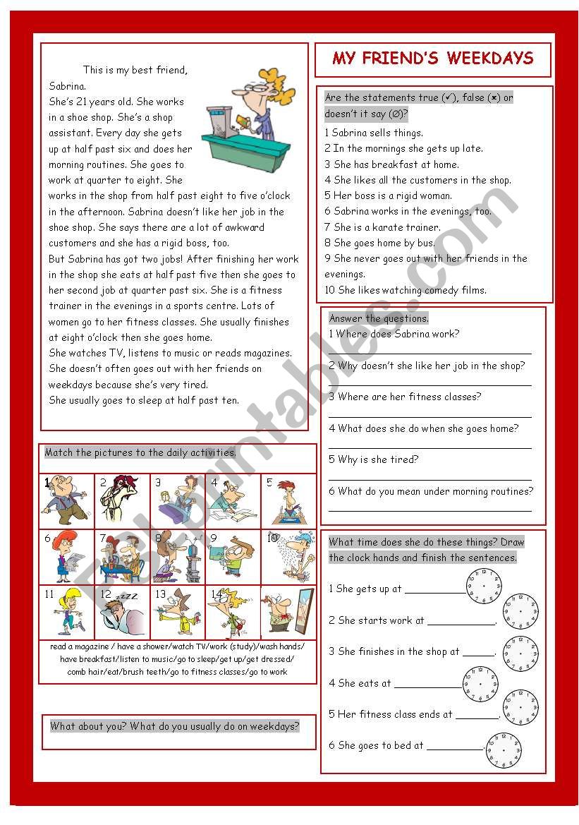 My Friend´s Weekdays (Daily Activities) - ESL worksheet by kissnetothedit