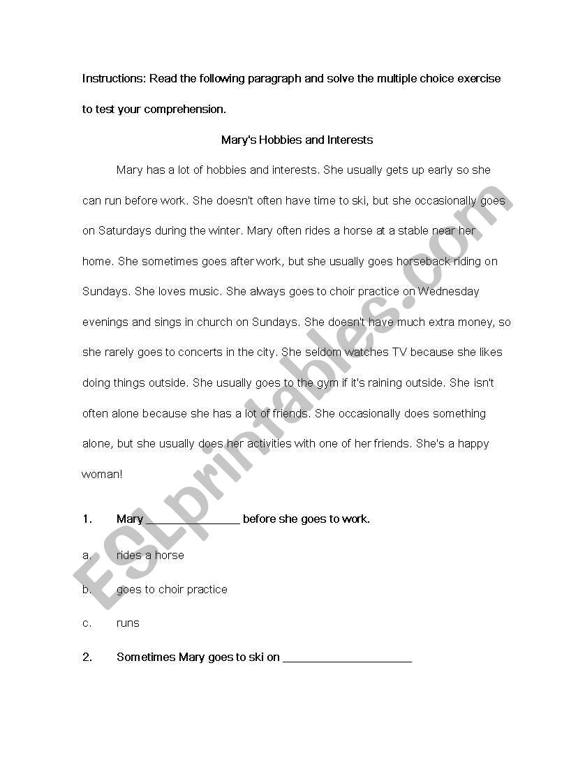 Mary´s Hobbies - ESL worksheet by Keifdz
