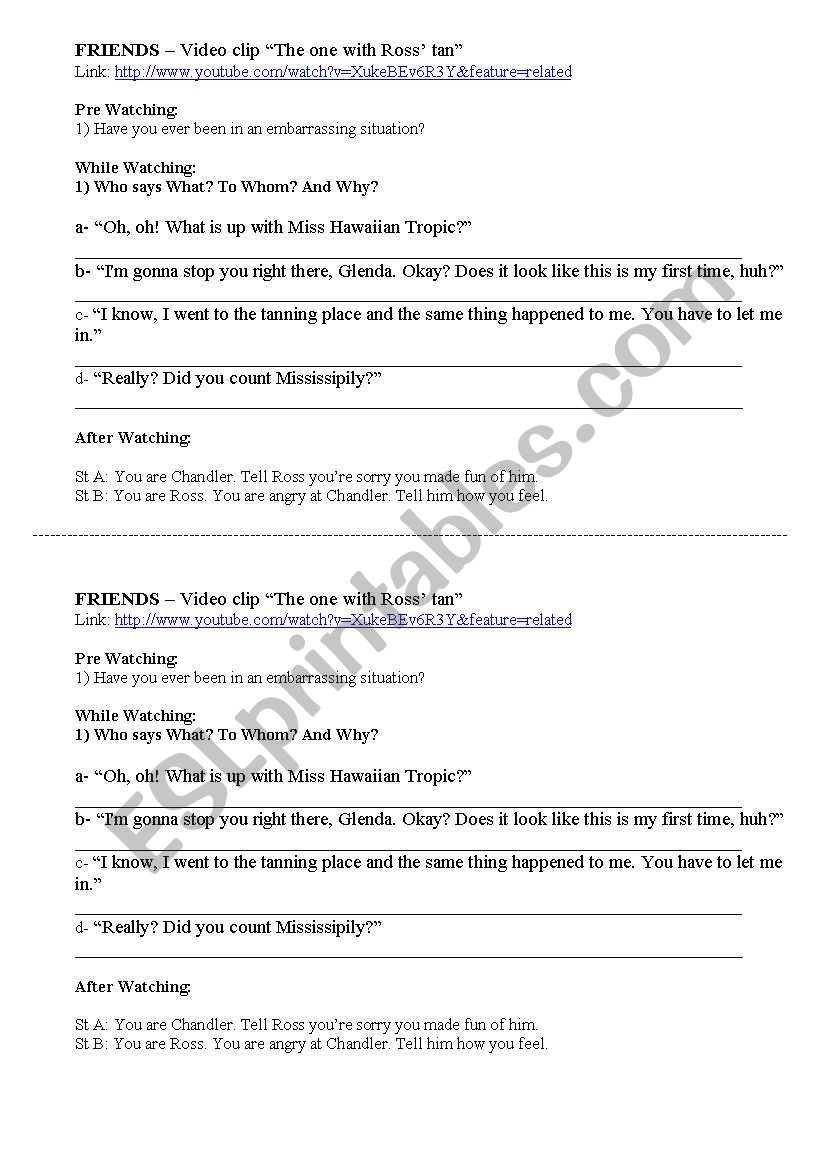 Video clip from Friends - The one with Ross´ tan - ESL worksheet by solchu
