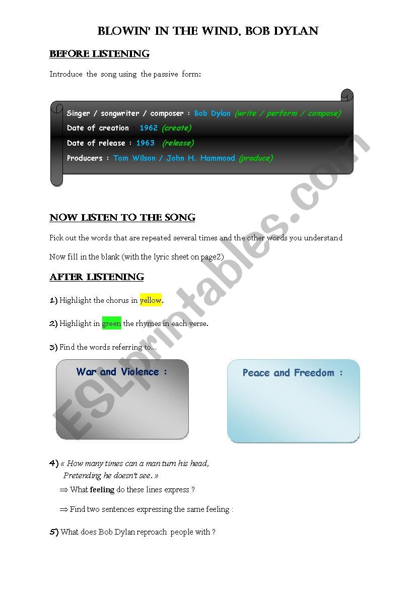 Blowin´ in the wind, Bob Dylan - ESL worksheet by didine