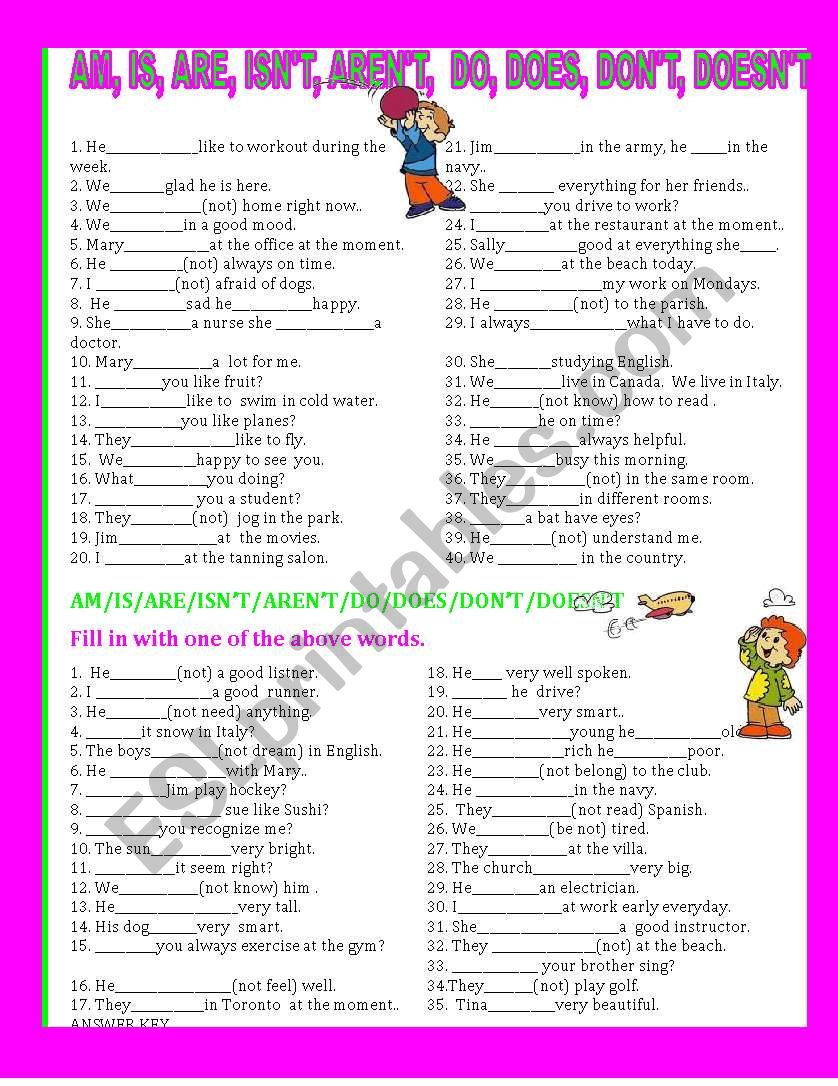 IS, ARE, ISN´T, AREN´T, DO, DOES, DON´T, DOESN´T - ESL worksheet by ...