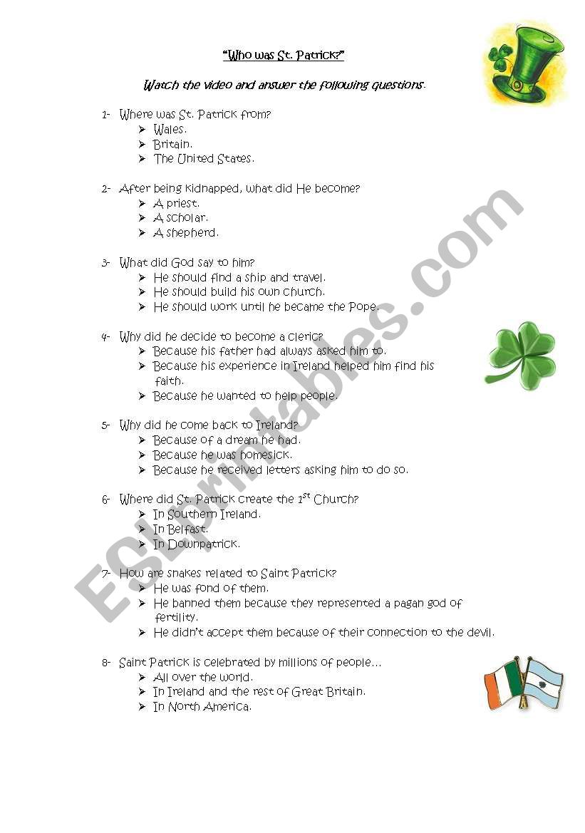“Who was St. Patrick?” - ESL worksheet by jn.borges