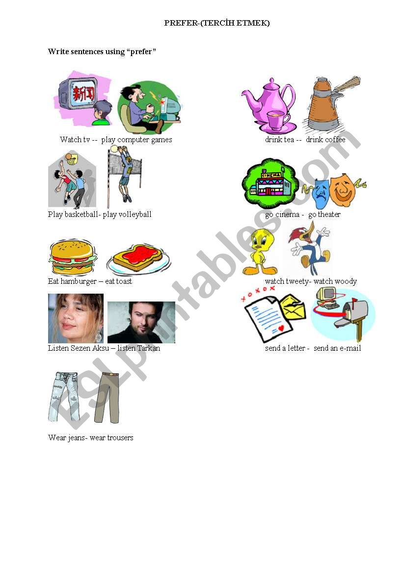Write sentences using “prefer” - ESL worksheet by ebcesu