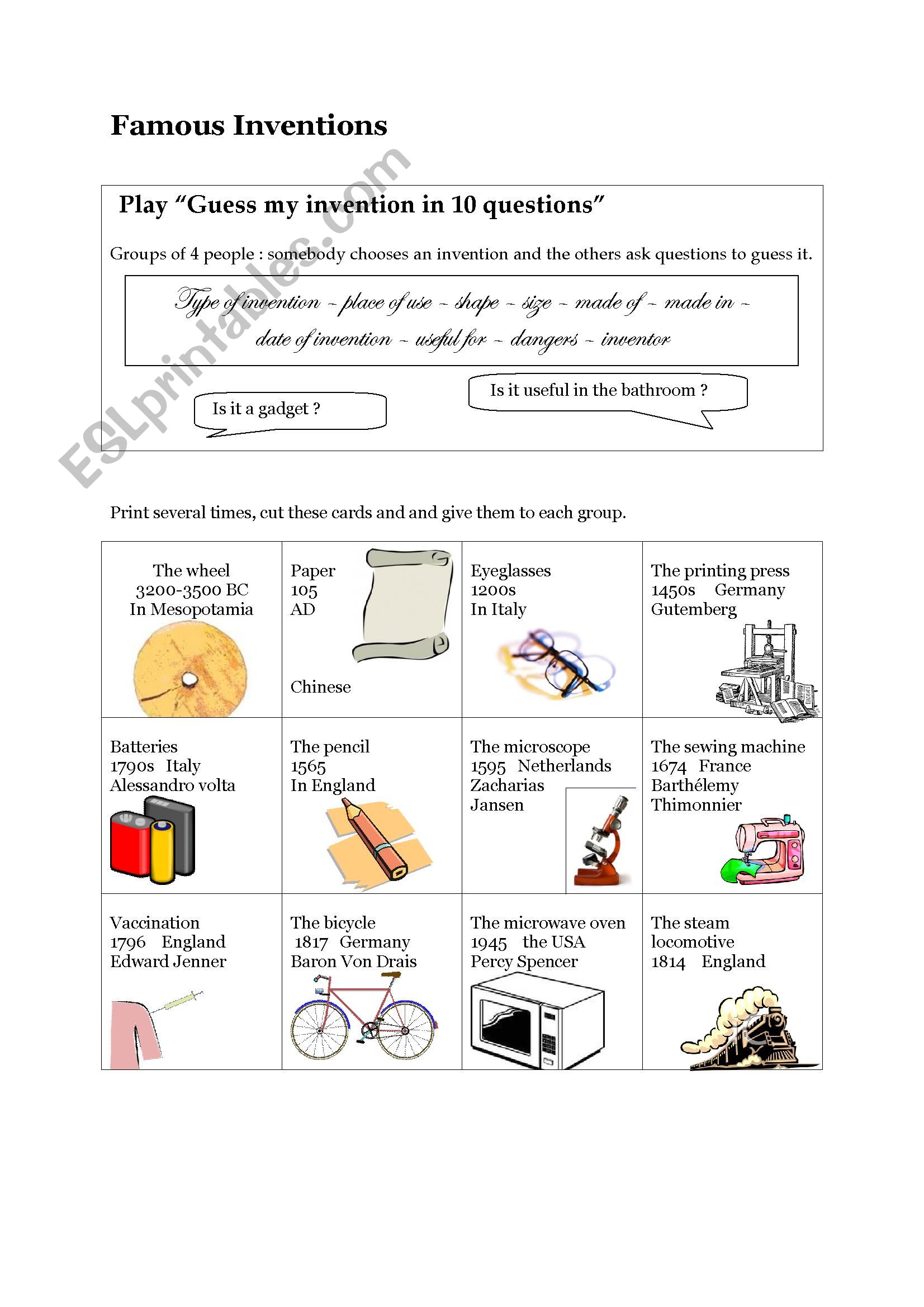Play “Guess my invention in 10 questions” - ESL worksheet by valambert