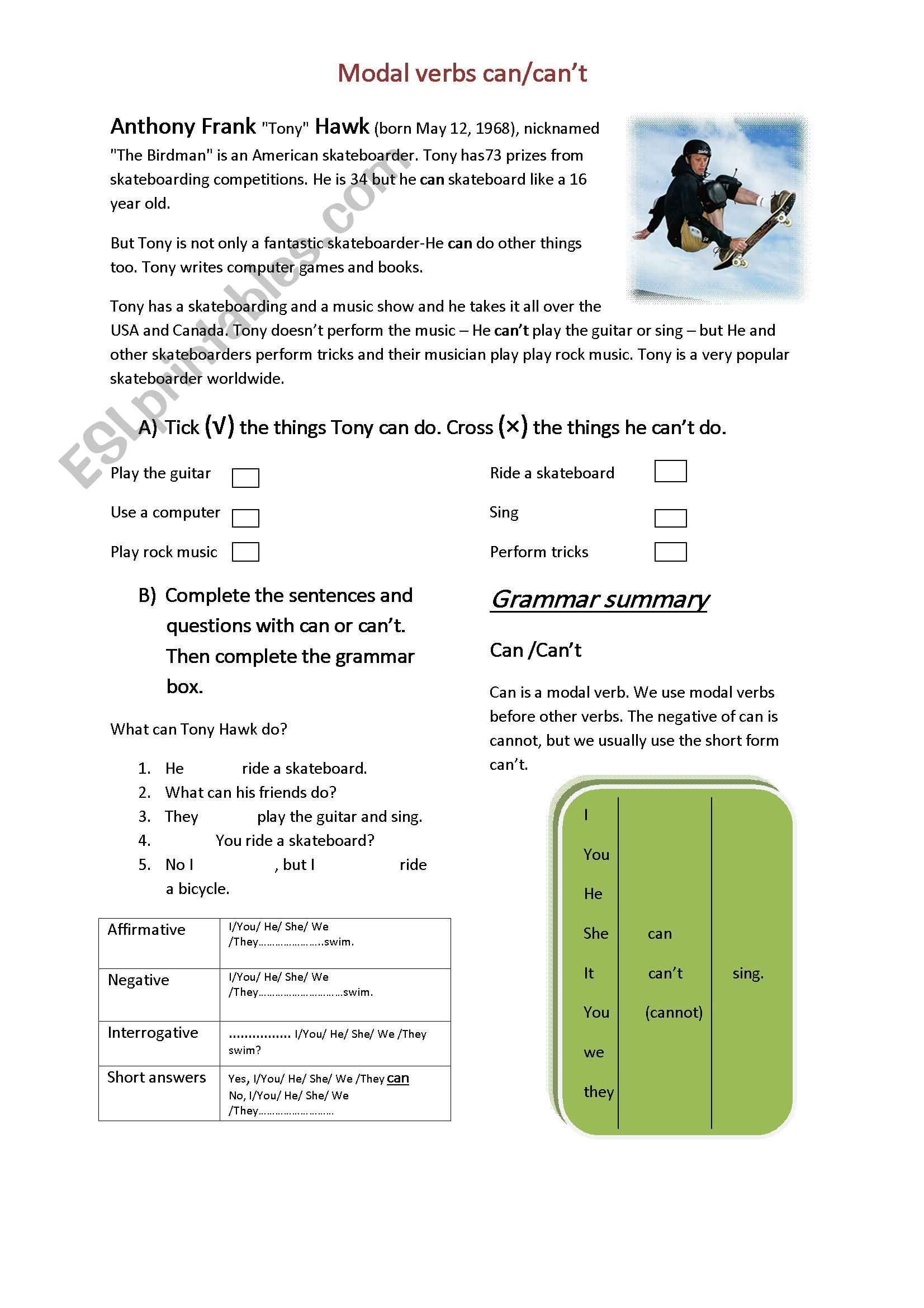 modal verbs can/canÂ´t - ESL worksheet by martea2011