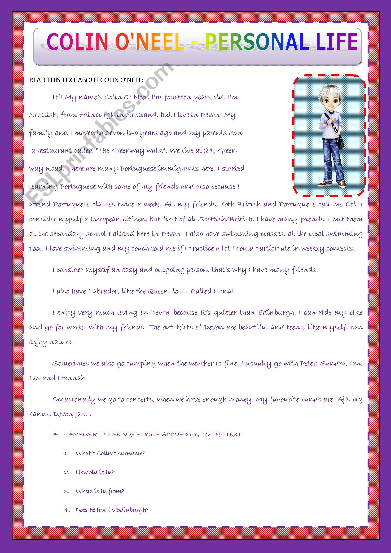 Colin O´Neel - personal life - ESL worksheet by ascincoquinas