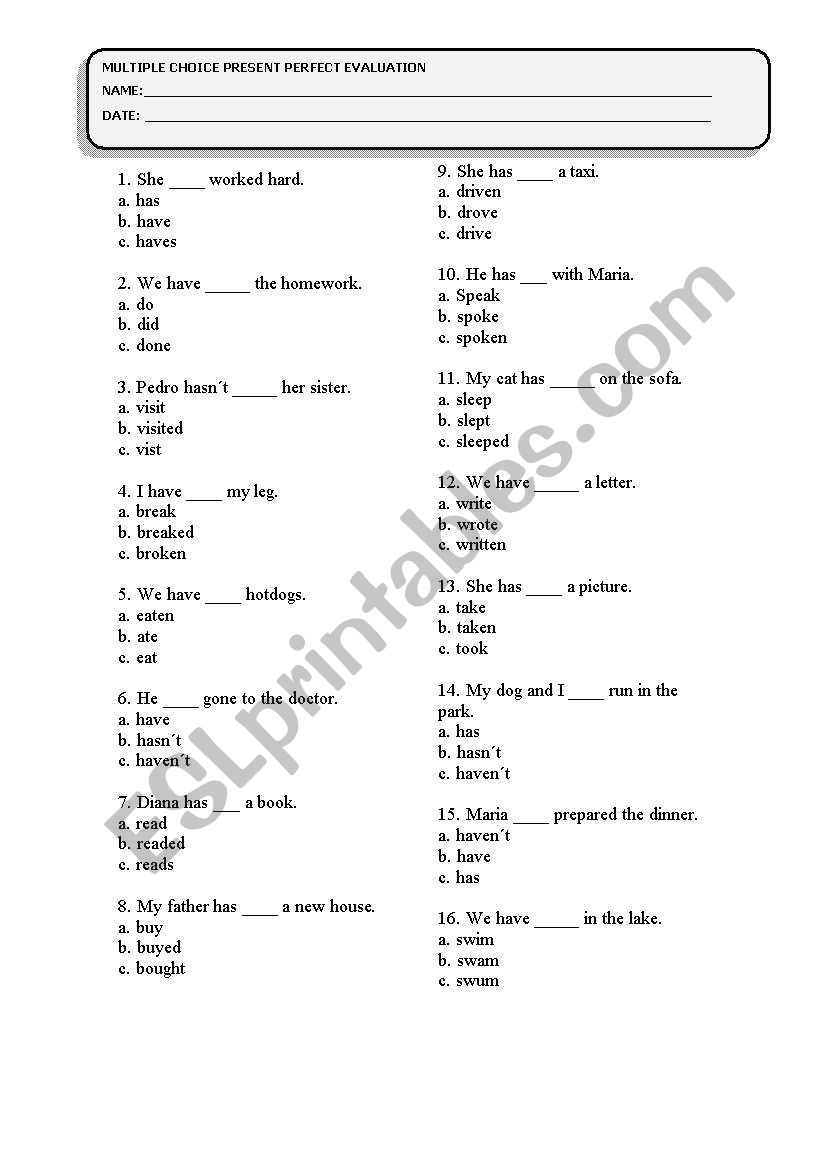 Present Perfect Multiple Choice ESL Worksheet By Javier 68