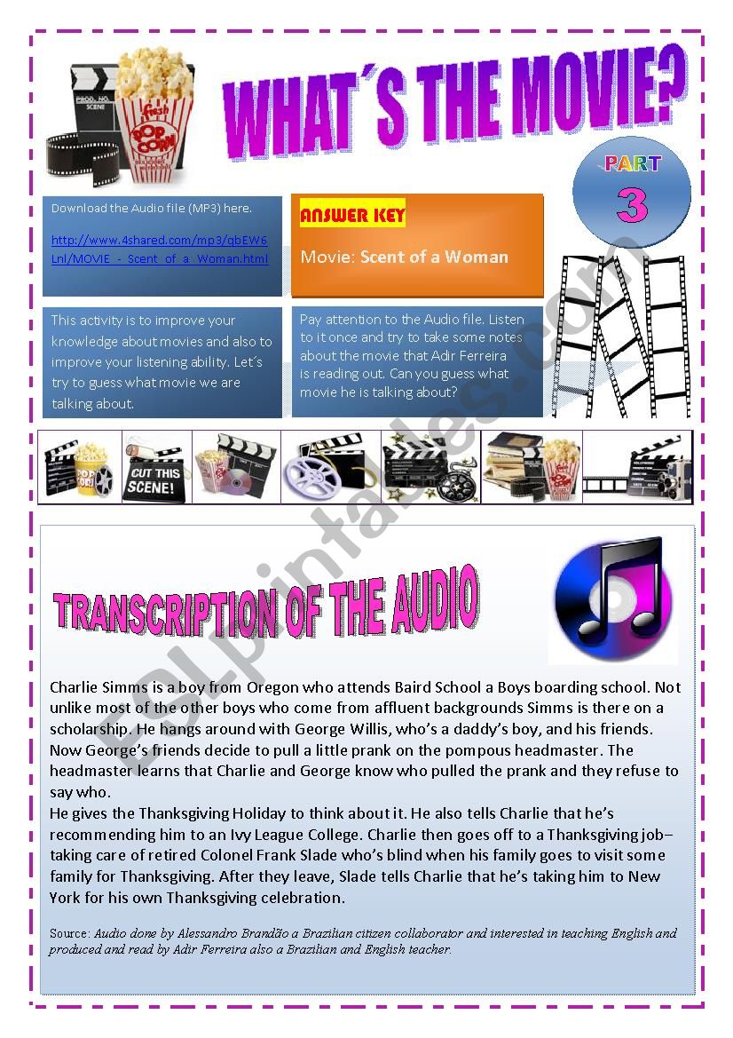 GUESS THE MOVIE - WHAT IS THE MOVIE´S NAME - (5 pages) with exercises ...