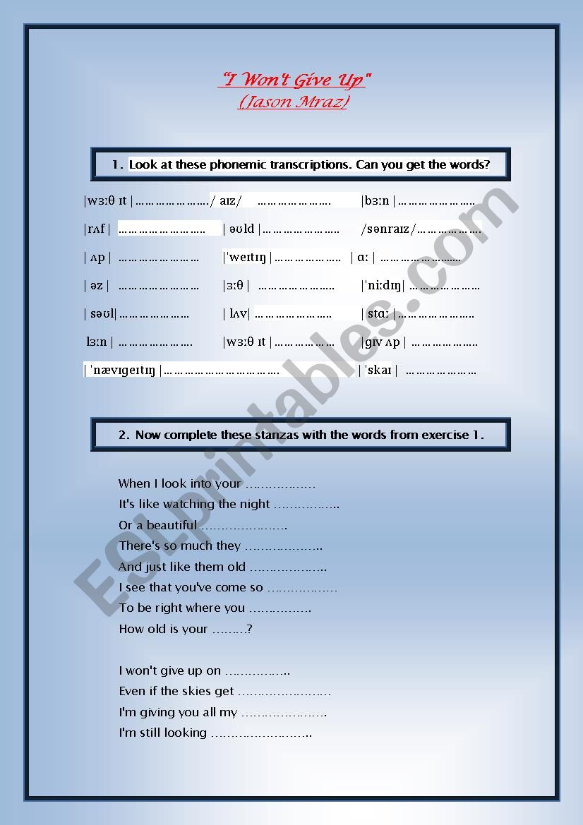 I won´t give up by Jason Mraz - ESL worksheet by angeles bosch