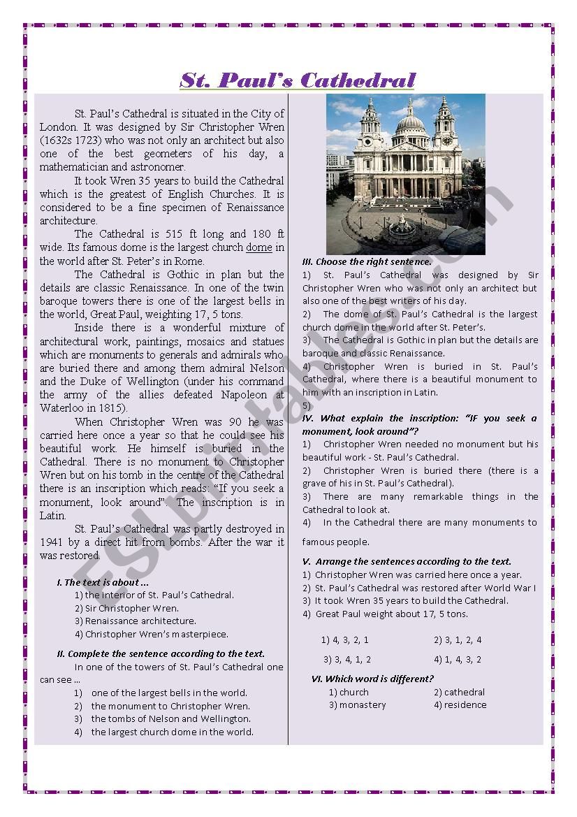 Reading comprehension "St. Paul’s Cathedral" - ESL worksheet by irvit