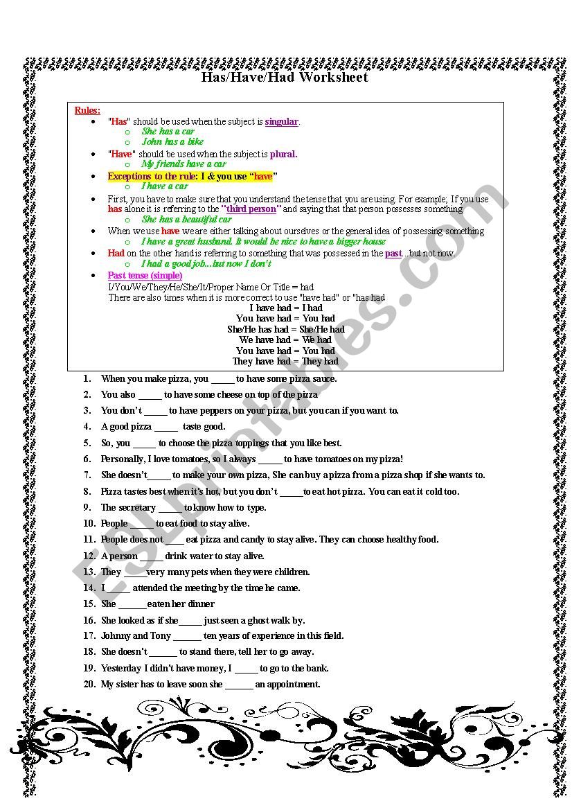 Has Have Had ESL Worksheet By Suzanne95212