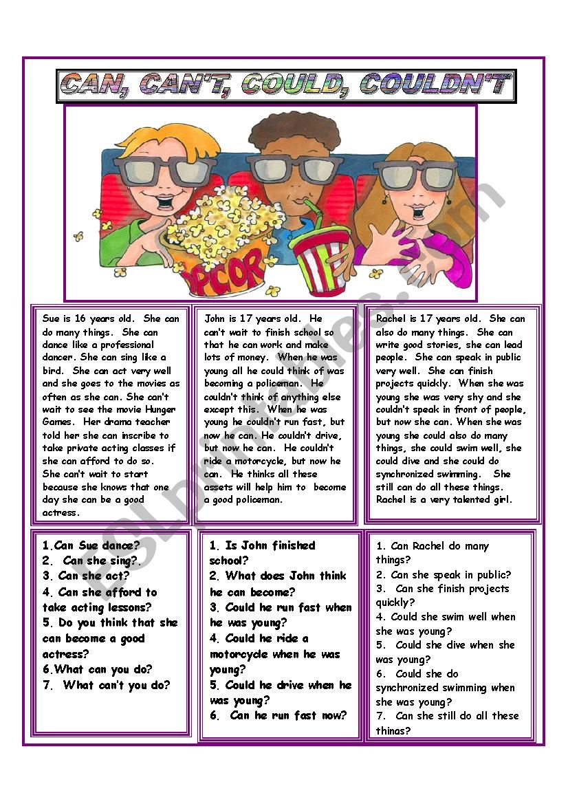 CAN, CAN´T, COULD AND COULDN´T - ESL worksheet by GIOVANNI