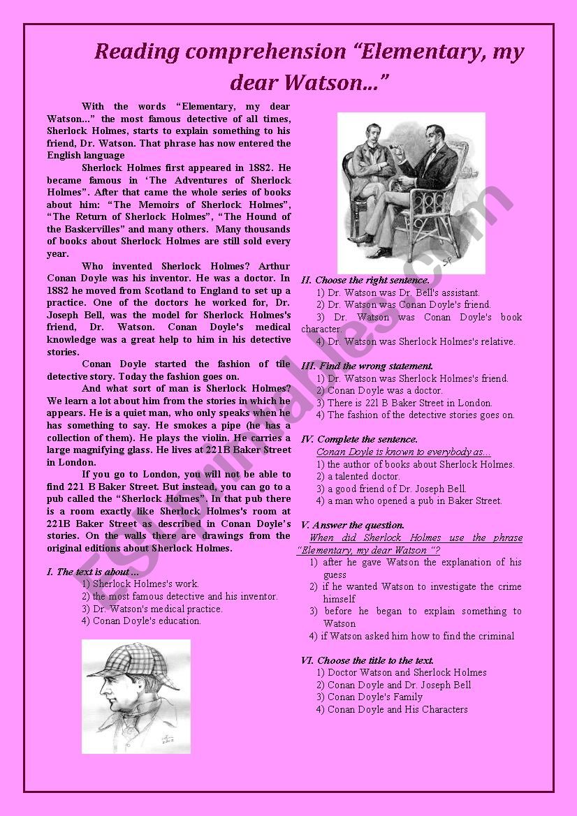 Reading comprehension “Elementary, my dear Watson...” - ESL worksheet ...