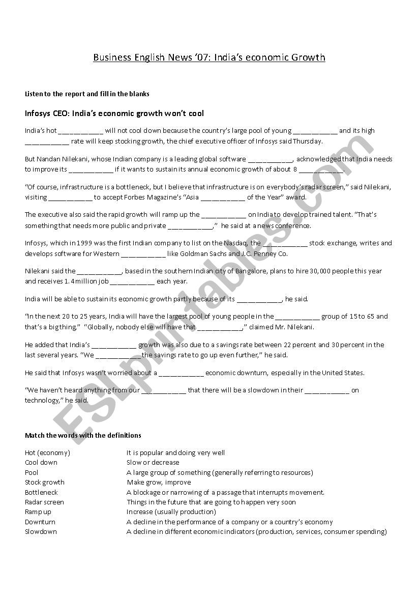 Business Listening: India’s economic Growth - ESL worksheet by caritush