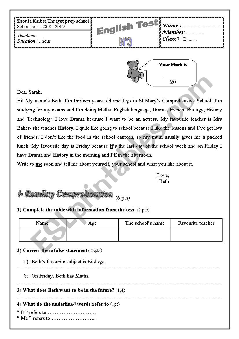 english test for 7th form N° 3 - ESL worksheet by slah
