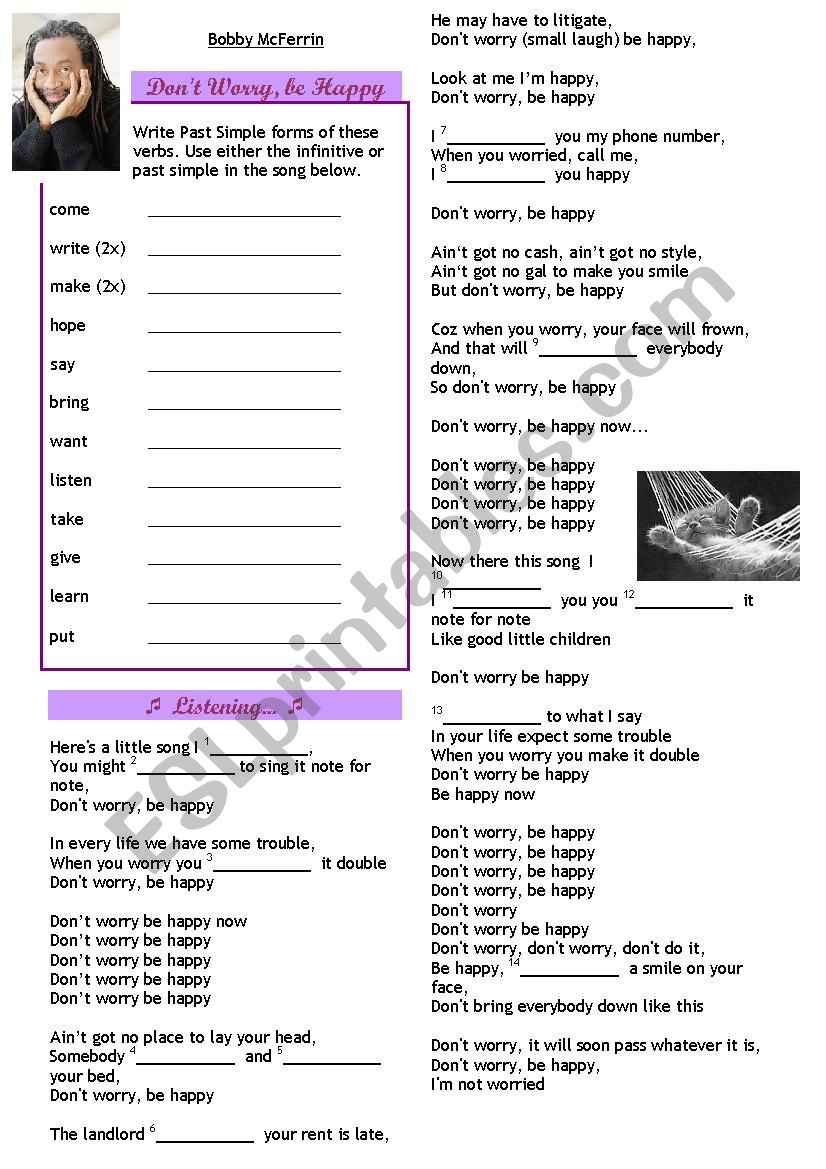 Don´t worry, be happy (song, past simple forms, with a key) - ESL ...