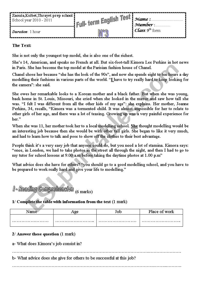 9th form english test N°3 - ESL worksheet by slah