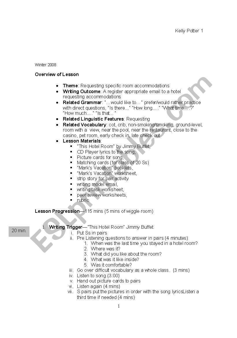 English Worksheets Writing Lesson Plan