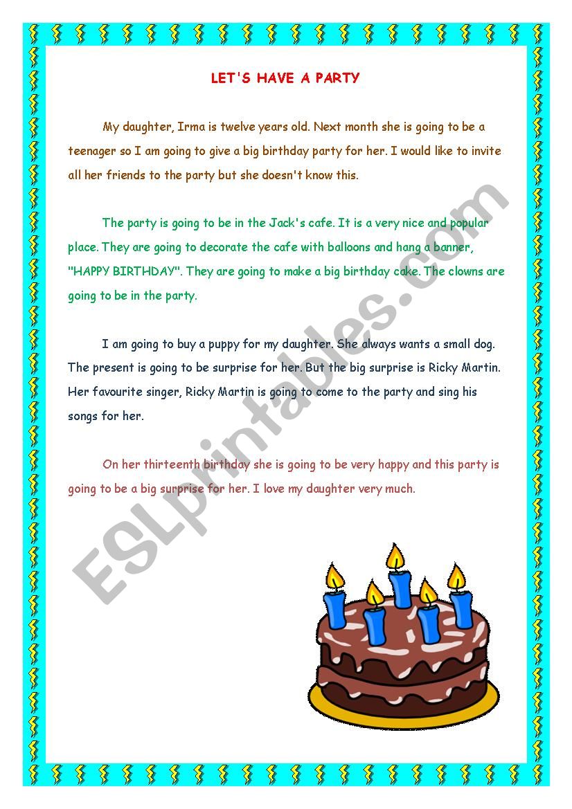 LET´S HAVE A PARTY (READING WORKSHEET FOR "BE GOING TO" - ESL worksheet ...