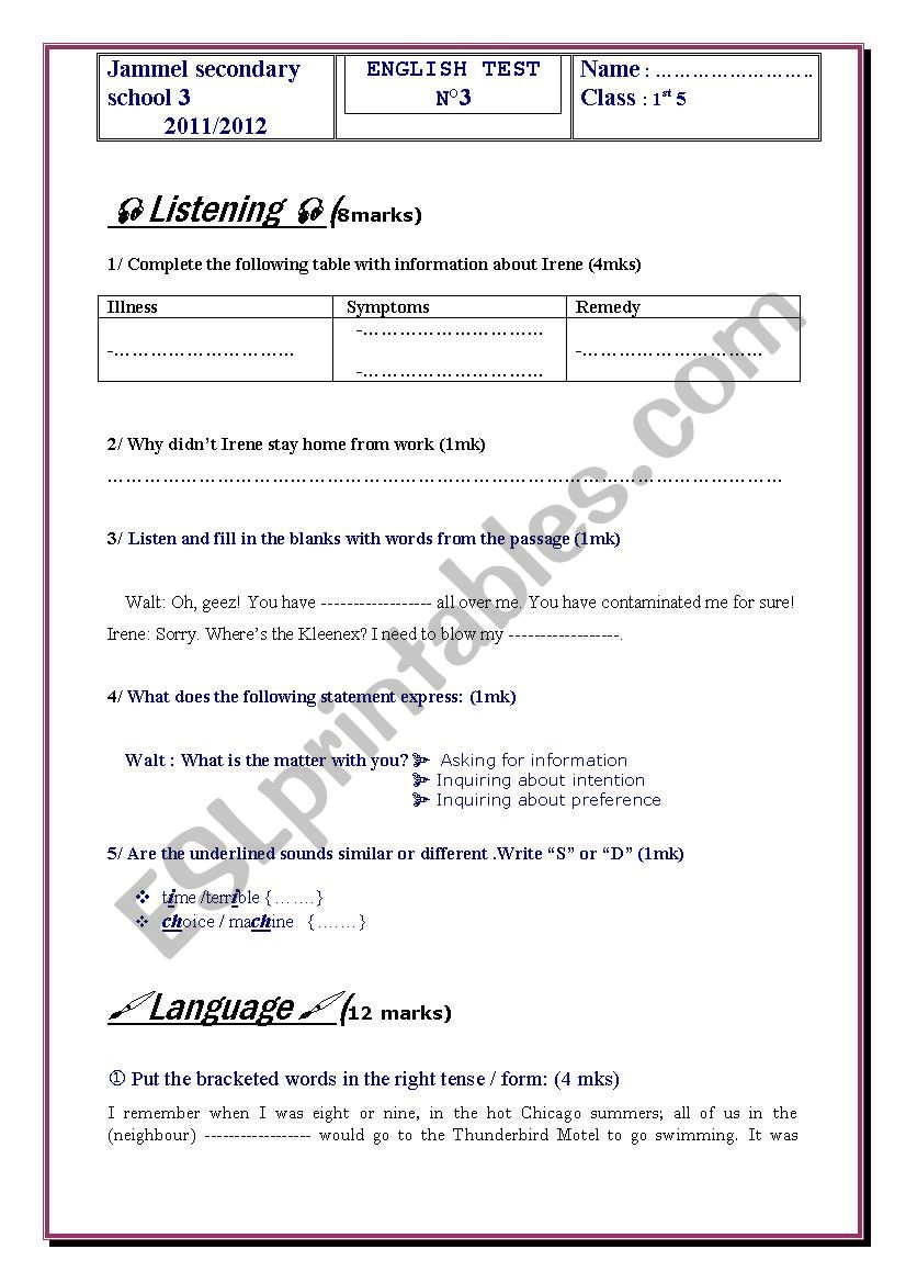 English test N° 3 - ESL worksheet by ladyrosa