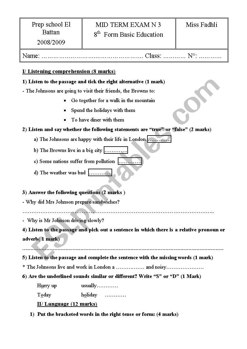 mid term test n°3 8th form - ESL worksheet by ycherni