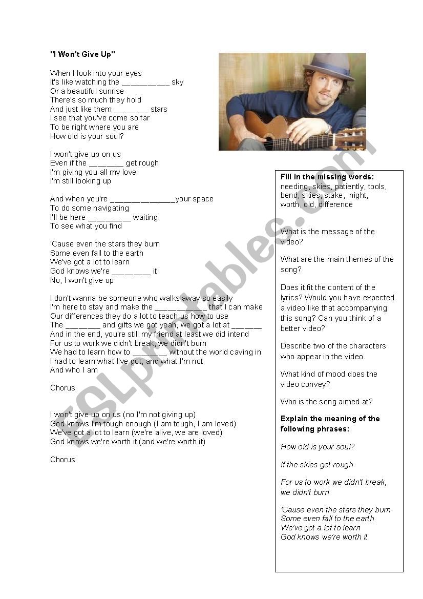 I wo´t give up by Jason Mraz - ESL worksheet by tinchen8311