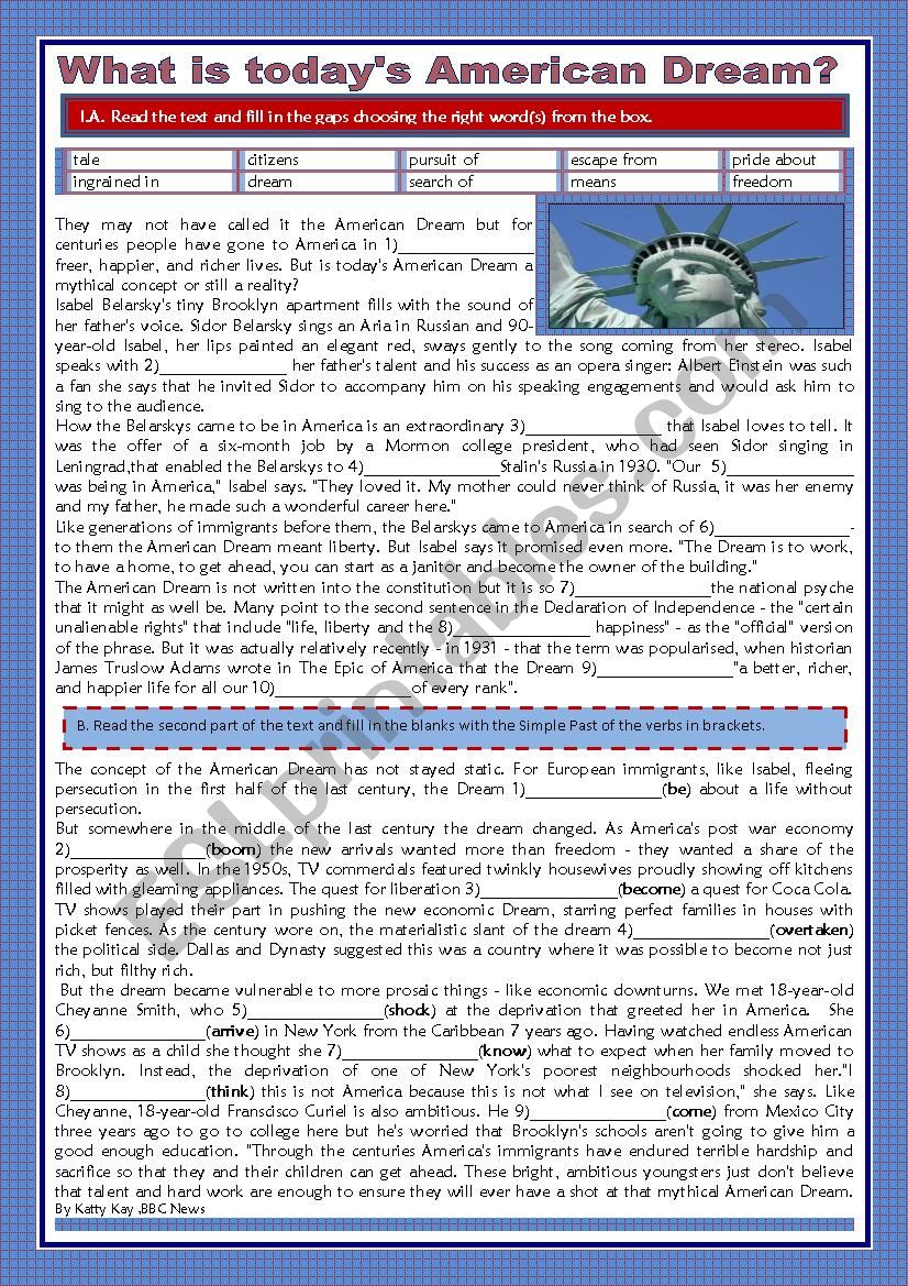 WHAT IS TODAY´S AMERICAN DREAM? - ESL worksheet by teresapr