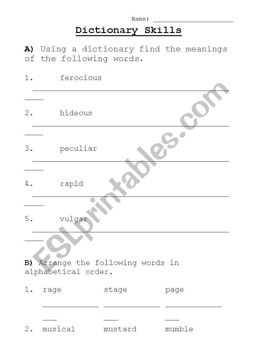 English Worksheets Dictionary Skills
