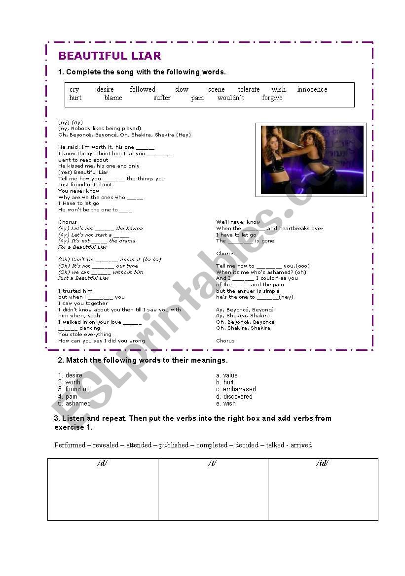 Beyonce and Shakira´s Beautiful liar - ESL worksheet by MariaE
