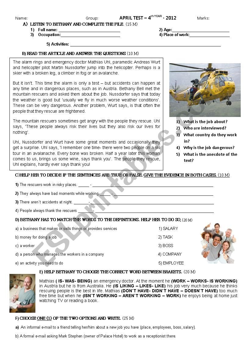 test for the thematic unit Â´workÂ´ - ESL worksheet by Dahianabelen